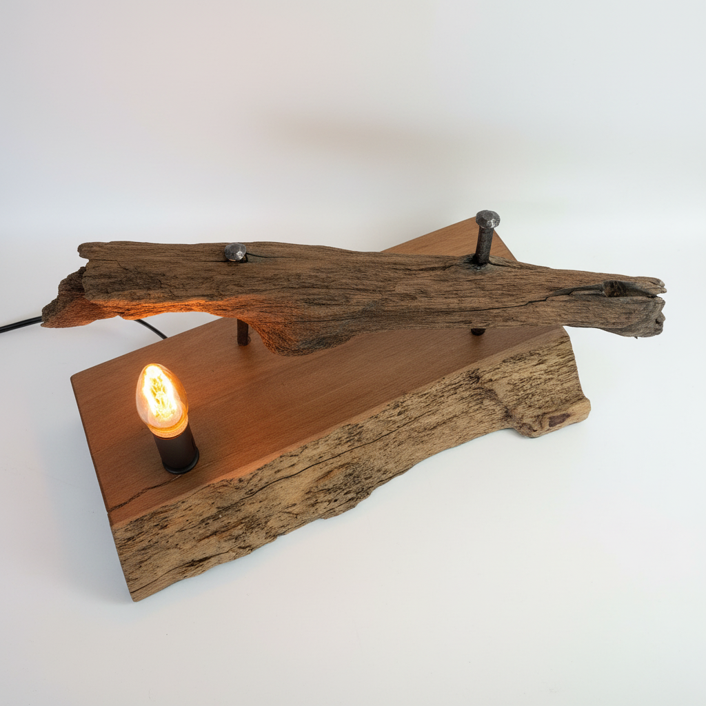 Jarrow wharf timber table lamp crafted by shades at grays, top-view.